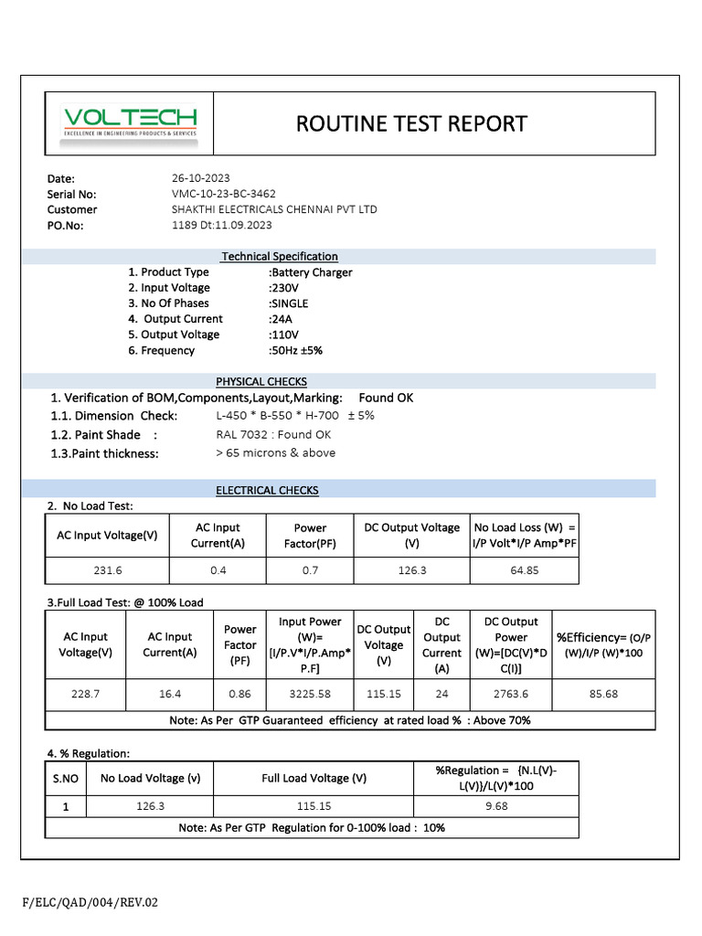 Battery Charger Routine Test Report - Sign | PDF | Alternating Current ...
