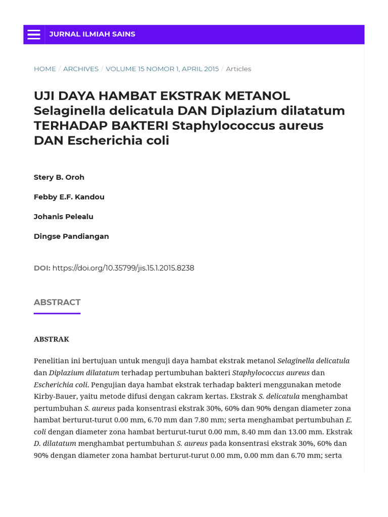 Uji Daya Hambat Ekstrak Metanol Selaginella Delicatula DAN Diplazium Dilatatum TERHADAP BAKTERI ...