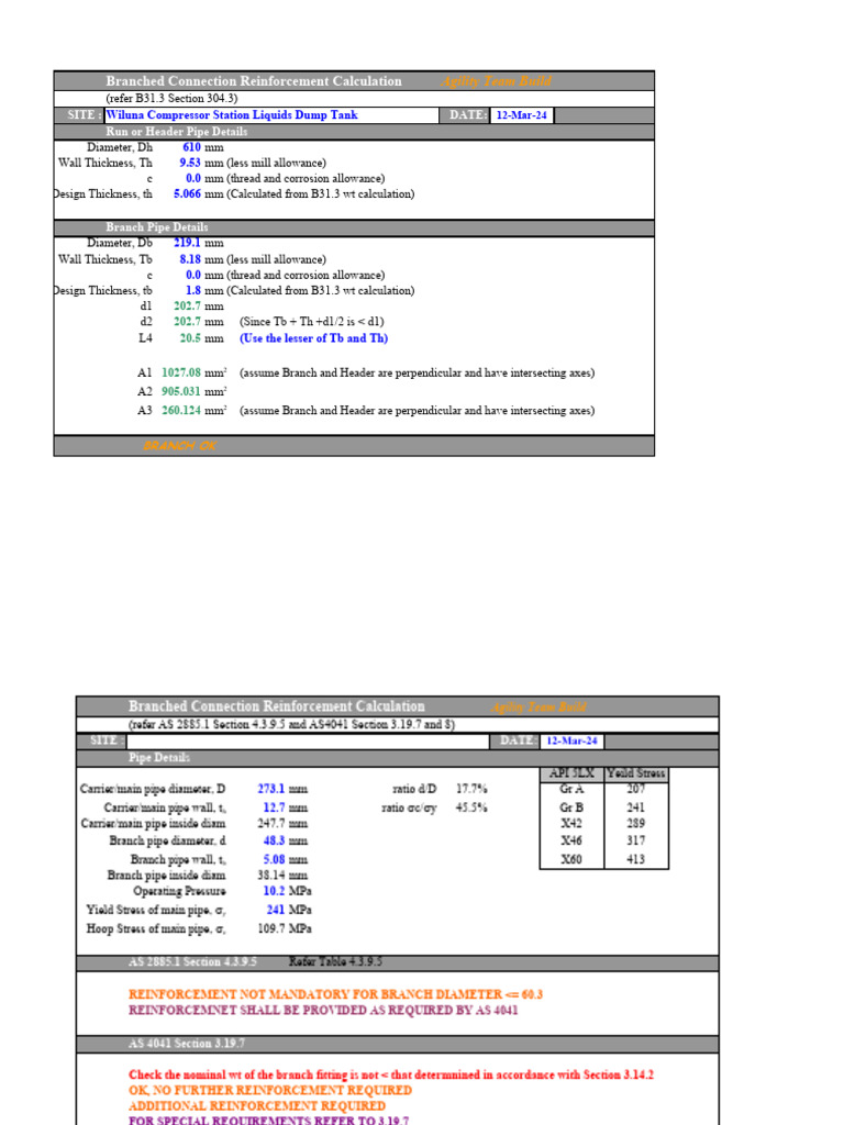 Branch Reinforcement Calc | PDF | Pipe (Fluid Conveyance) | Manufactured Goods