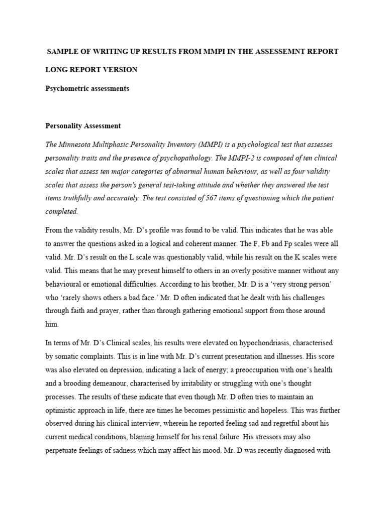 Sample of Writing Up Results From Mmpi in The Assessemnt Report | PDF ...
