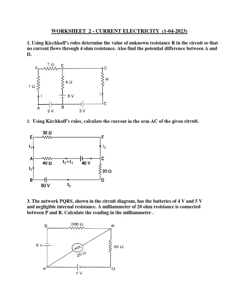 Xii e - Current Electricity - Worksheet 2 | PDF | Series And Parallel ...