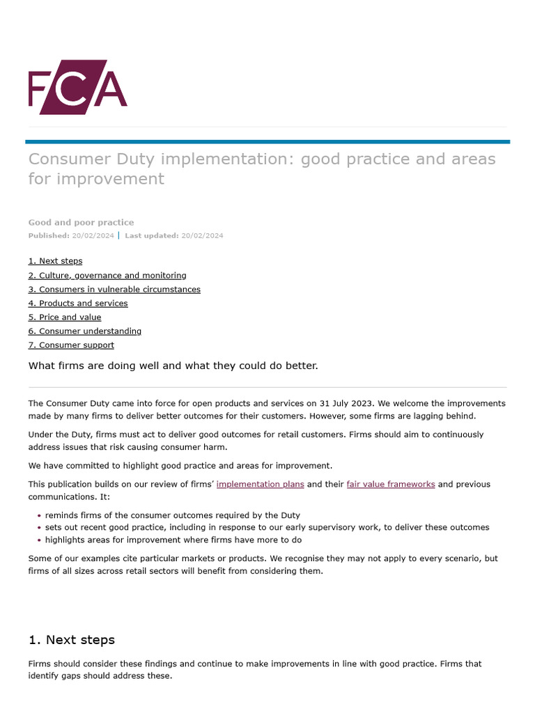 Consumer Duty Implementation - Good Practice and Areas For Improvement | PDF | Risk | Product ...
