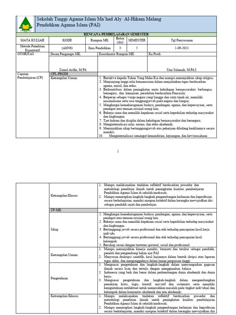 RPP Metode Penelitian Kuantitatif 20212022 Ganjil Zainul Arifin | PDF
