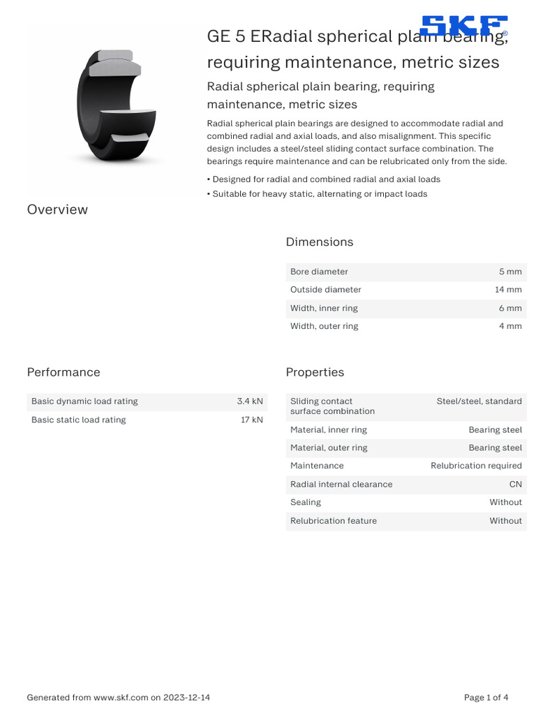 SKF GE 5 ERadial Spherical Plain Bearing, Requiring Maintenance, Metric ...