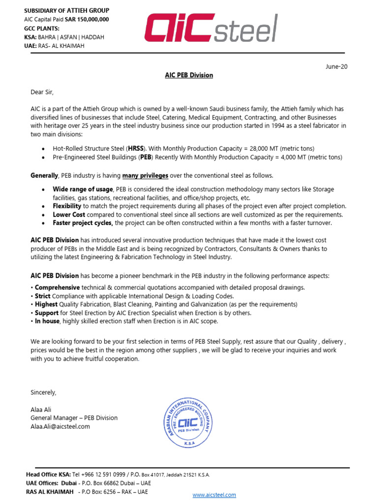 AIC PEB Introduction Letter | PDF | United Arab Emirates | Dubai