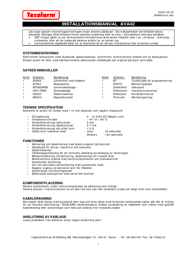 Installationsmanual Ava42 | PDF