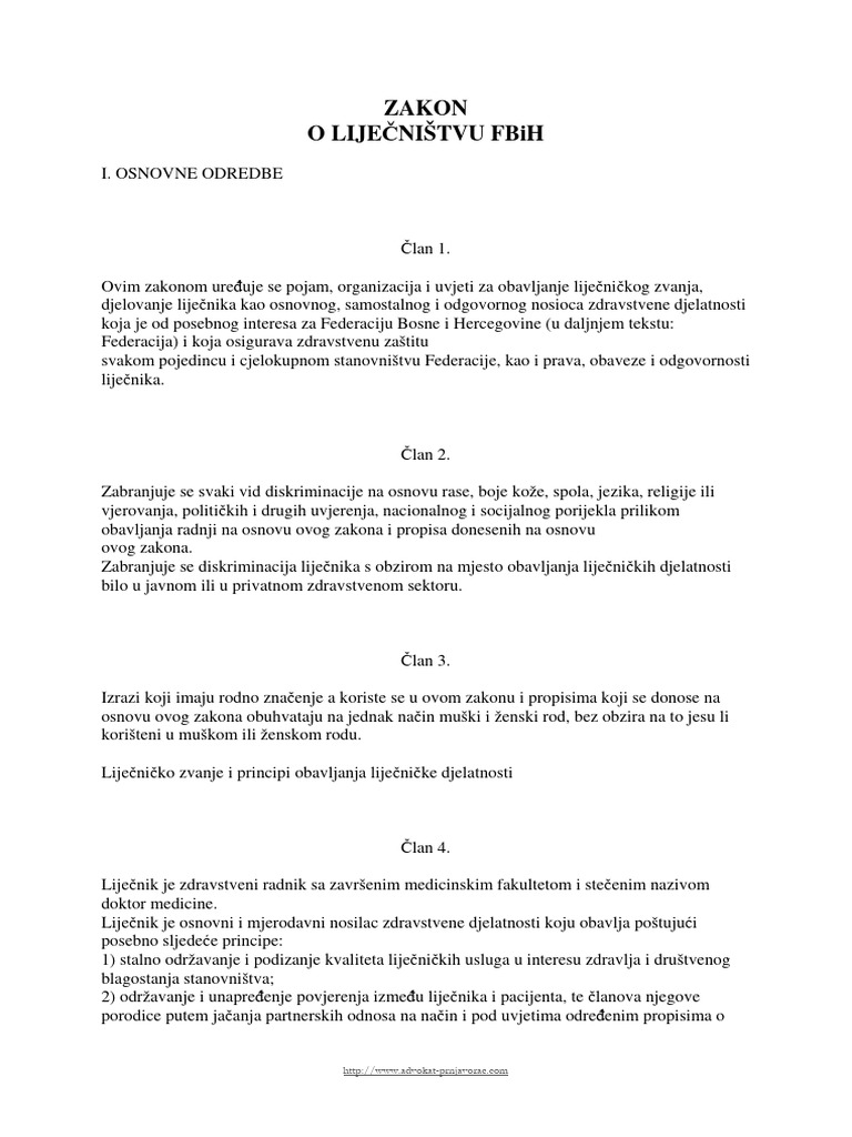 Zakon o Lijecnistvu FBiH | PDF