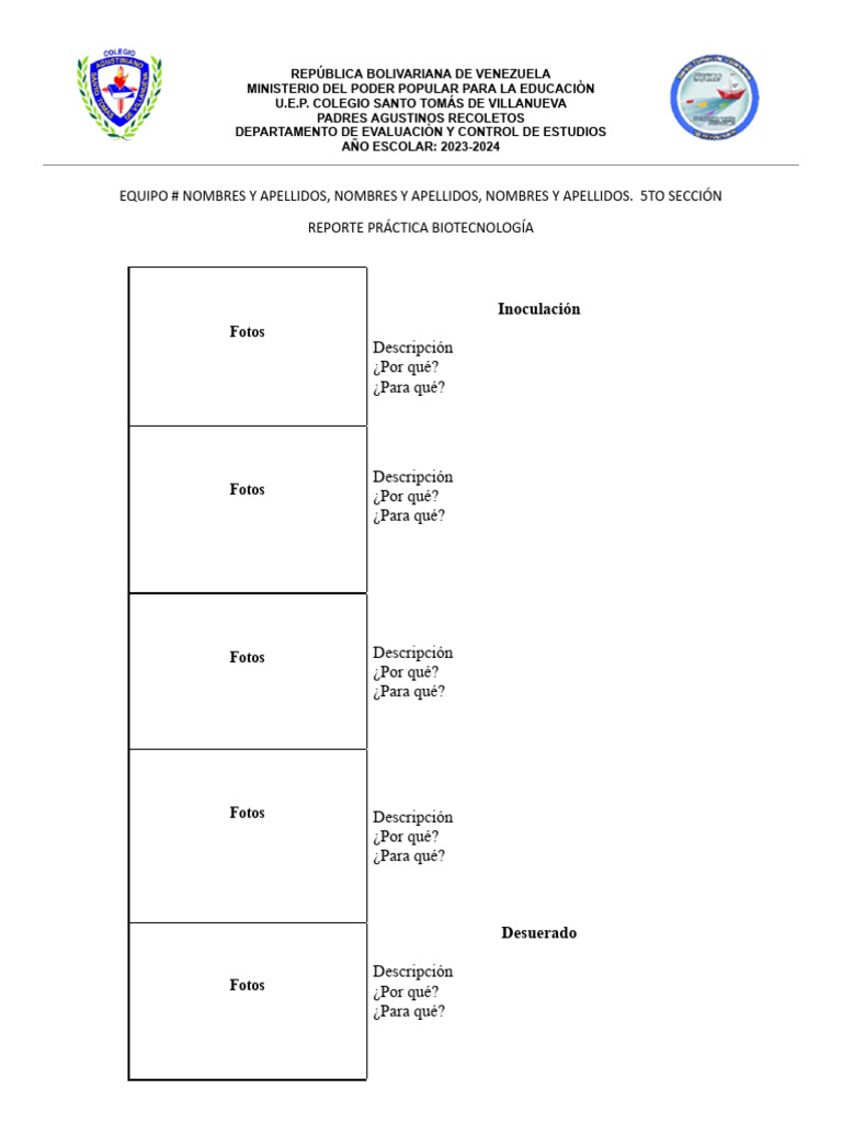 Modelo Reporte Práctica Biotecnología 5to 2do Lapso 23 24 | PDF