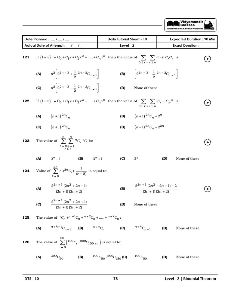 Binomial Theorem DTS-10 | PDF | Teaching Methods & Materials