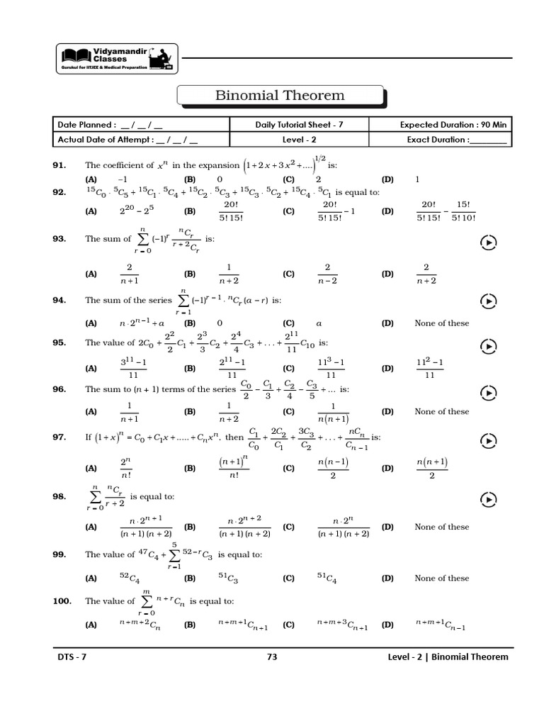 Binomial Theorem DTS-7 | PDF | Mathematics | Discrete Mathematics