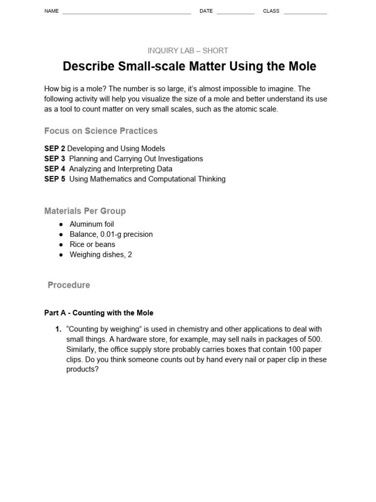 Shortened Inquiry Lab Describe Small-Scale Matter Using The Mole | PDF ...