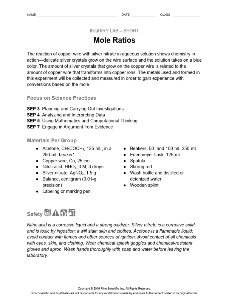 Shortened Inquiry Lab Mole Ratios | PDF | Nitric Acid | Silver