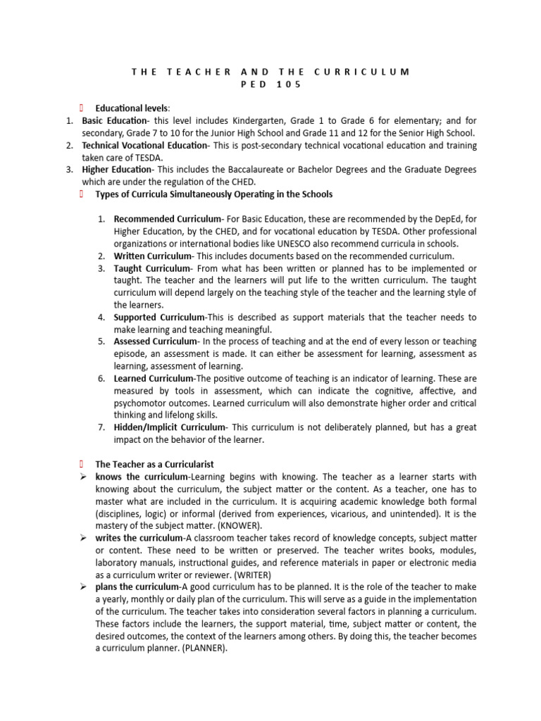 Ped 105 (Prelims) | PDF | Curriculum | Learning