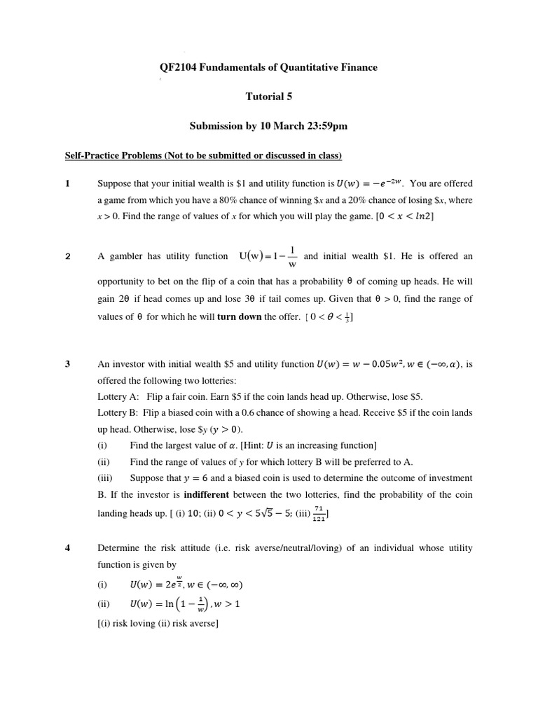 QF2104 Tutorial - Assignment 5 (Discussion Q4 II Rephased) | PDF | Risk Aversion | Risk Premium