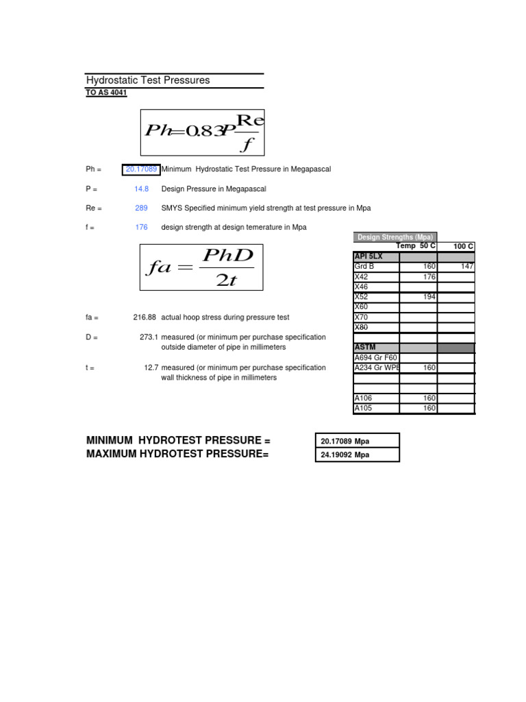 Hydro Test Pressure Calculation | PDF