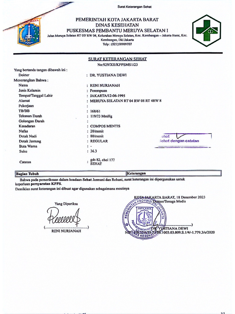 Surat Kesehatan Reni | PDF