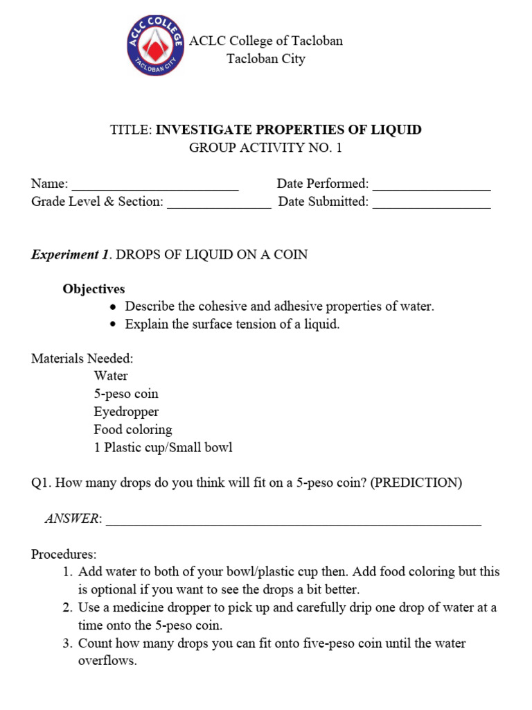 Activity Worksheets Properties of Liquids | PDF | Liquids | Drop (Liquid)