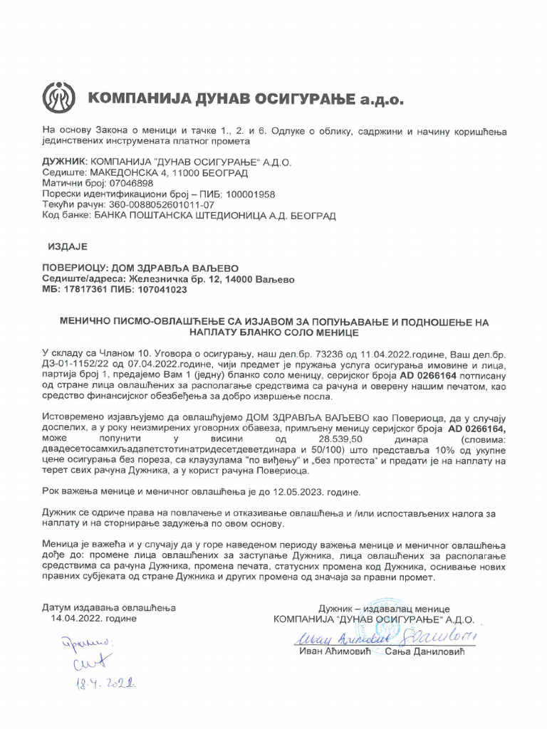 Primer Menično Ovlašćenje | PDF