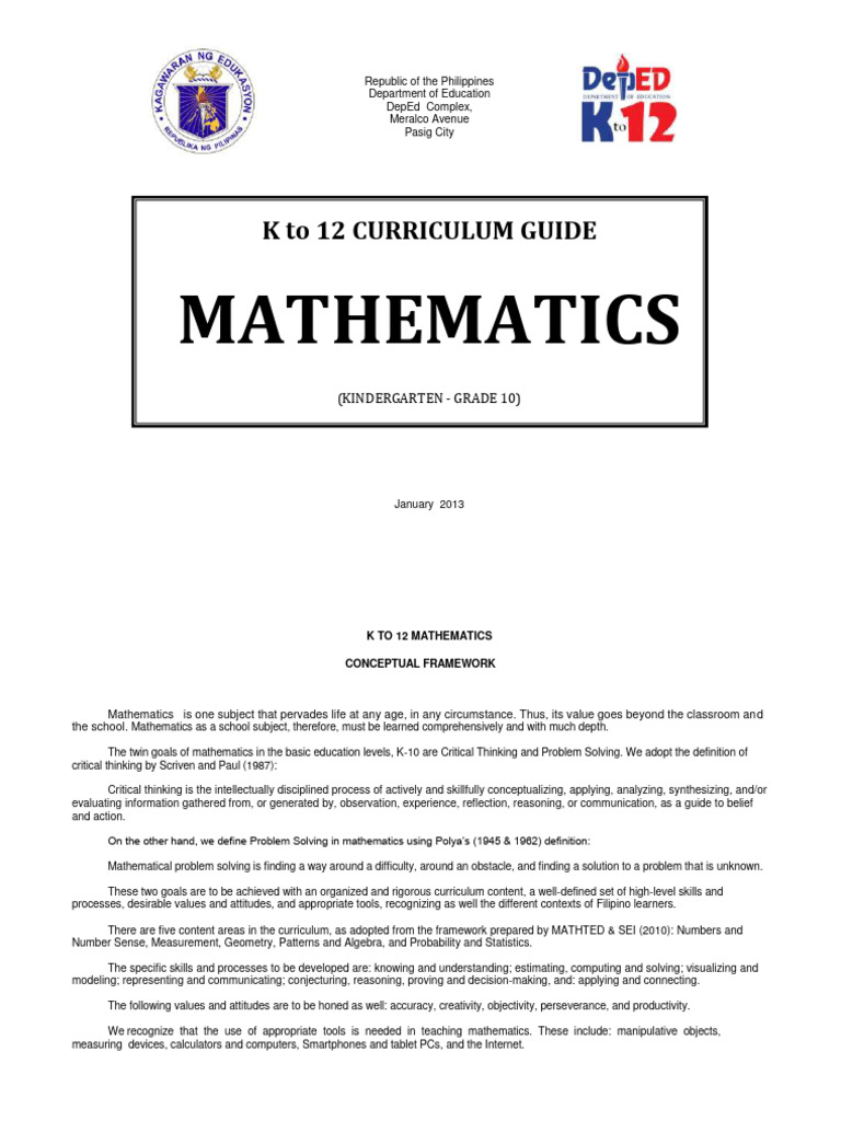 K To12 - Curriculum Guide in Mathematics Kinder To Grades 1-10 | PDF | Mathematics | Area