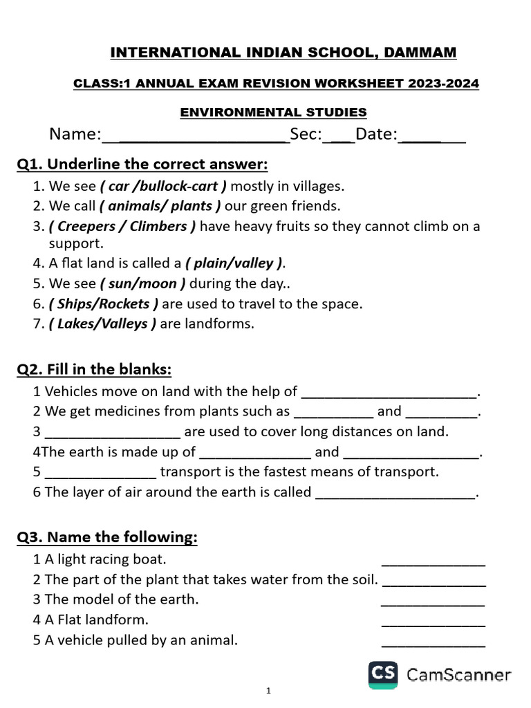 Class 1 EVS Revision Worksheet 2023-24 | PDF