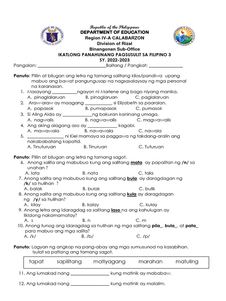 Edited - Ikatlong Panahunang Pagsusulit Sa Filipino 3 SY. 2022-2023 | PDF