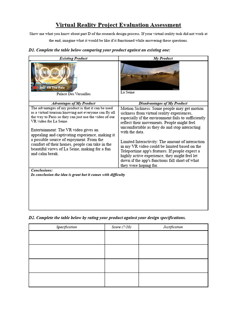 Virtual Reality Project Evaluation Assessment | PDF