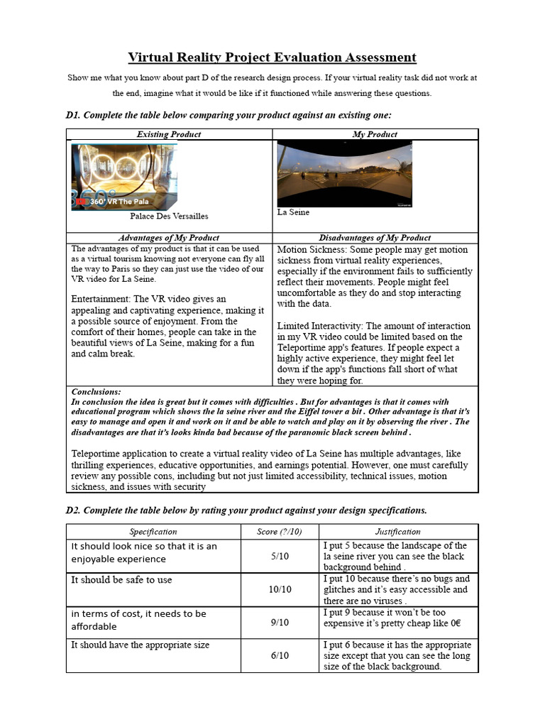 Virtual Reality Project Evaluation Assessment Jessi | PDF | Virtual Reality | Human Communication