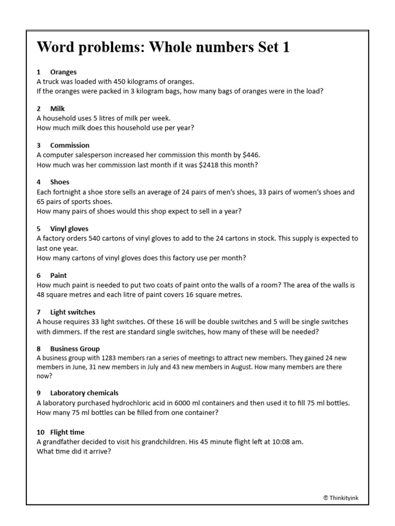 Whole Number Word Problems Set 1 | PDF | Litre