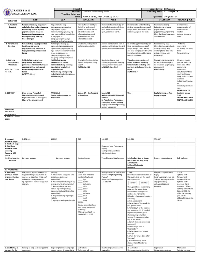 DLL - All Subjects 2 - Q3 - W7 - D3 | PDF