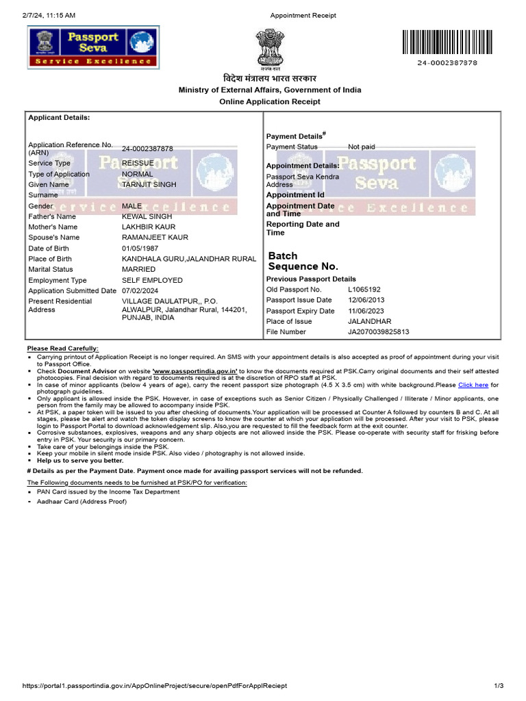 Passport Application Receipt for Reissue | PDF | Government And Personhood | Government