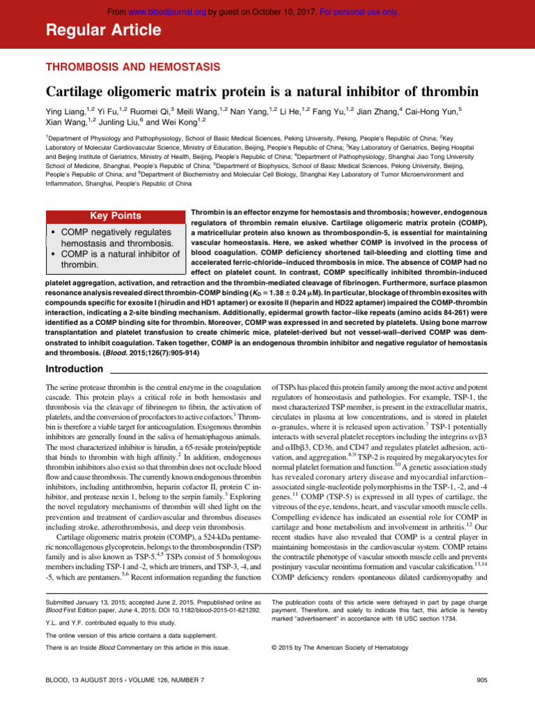 Cartilage Oligomeric Matrix Protein Is A Natural Inhibitor of Thrombin ...