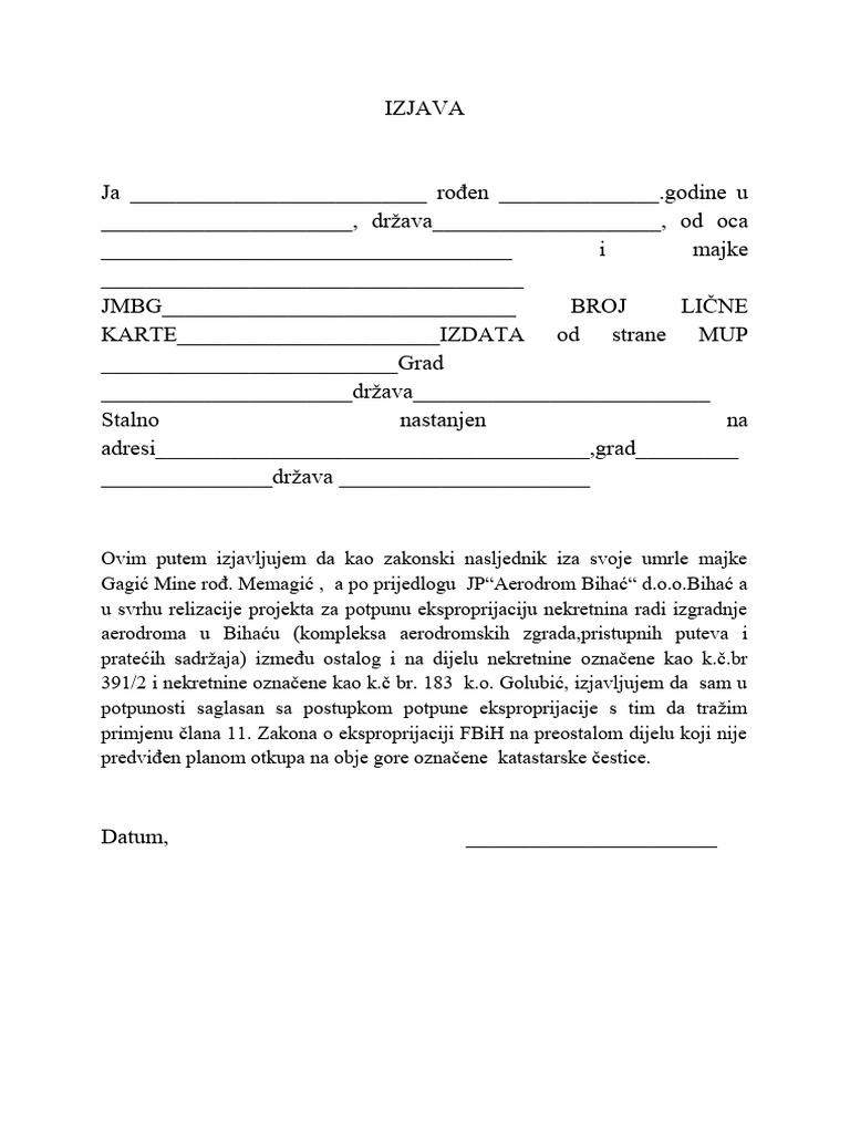 IZJAVA Za Sina Od Gagić Mine | PDF
