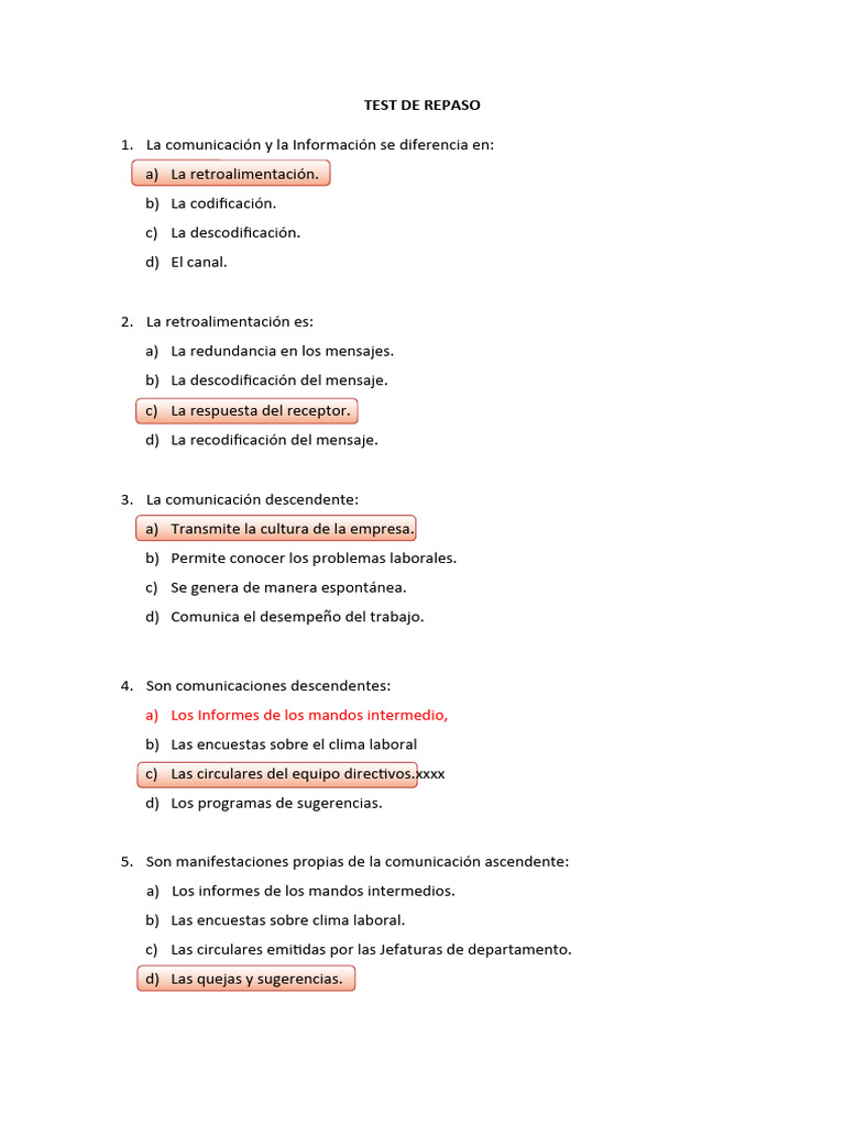 Test de Repaso - Unidad 6 | Descargar gratis PDF | Comunicación