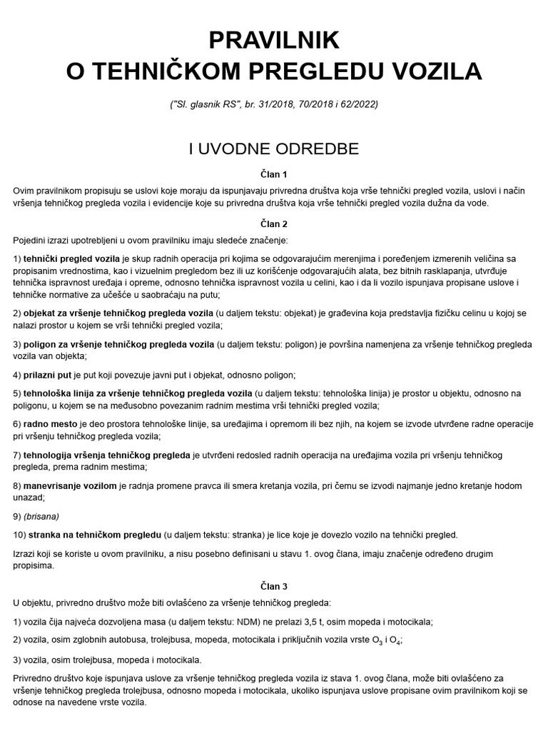 Pravilnik o Tehničkom Pregledu Vozila | PDF