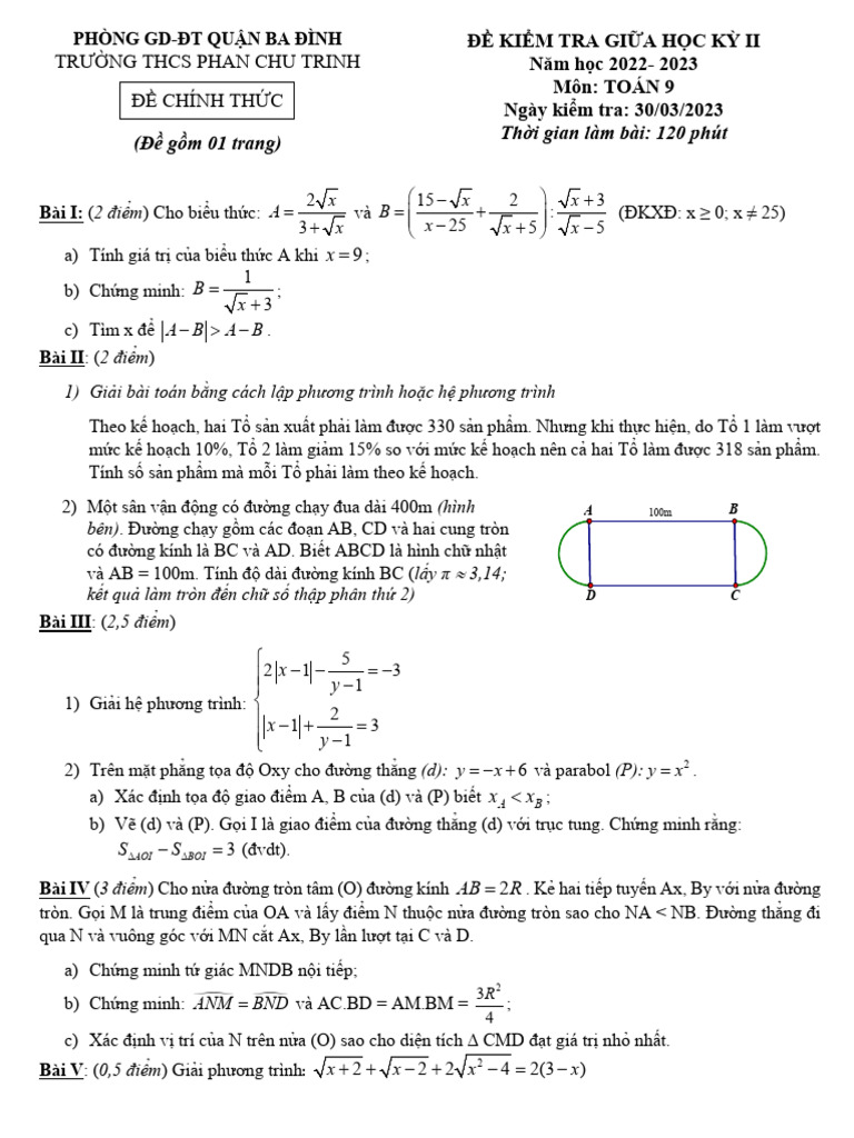 De Giua Hoc Ky 2 Toan 9 Nam 2022 2023 Truong Thcs Phan Chu Trinh Ha Noi | PDF