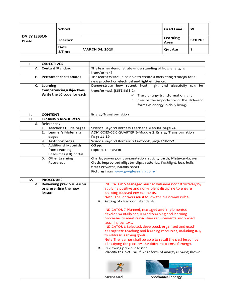 DAILY LESSON PLAN Demo(1) | PDF