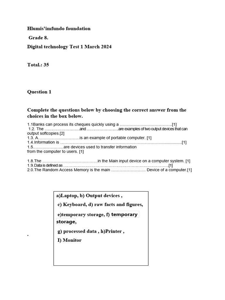 Grade 8 Digital Tech Test March 2024 | PDF | Computer Hardware | Input ...
