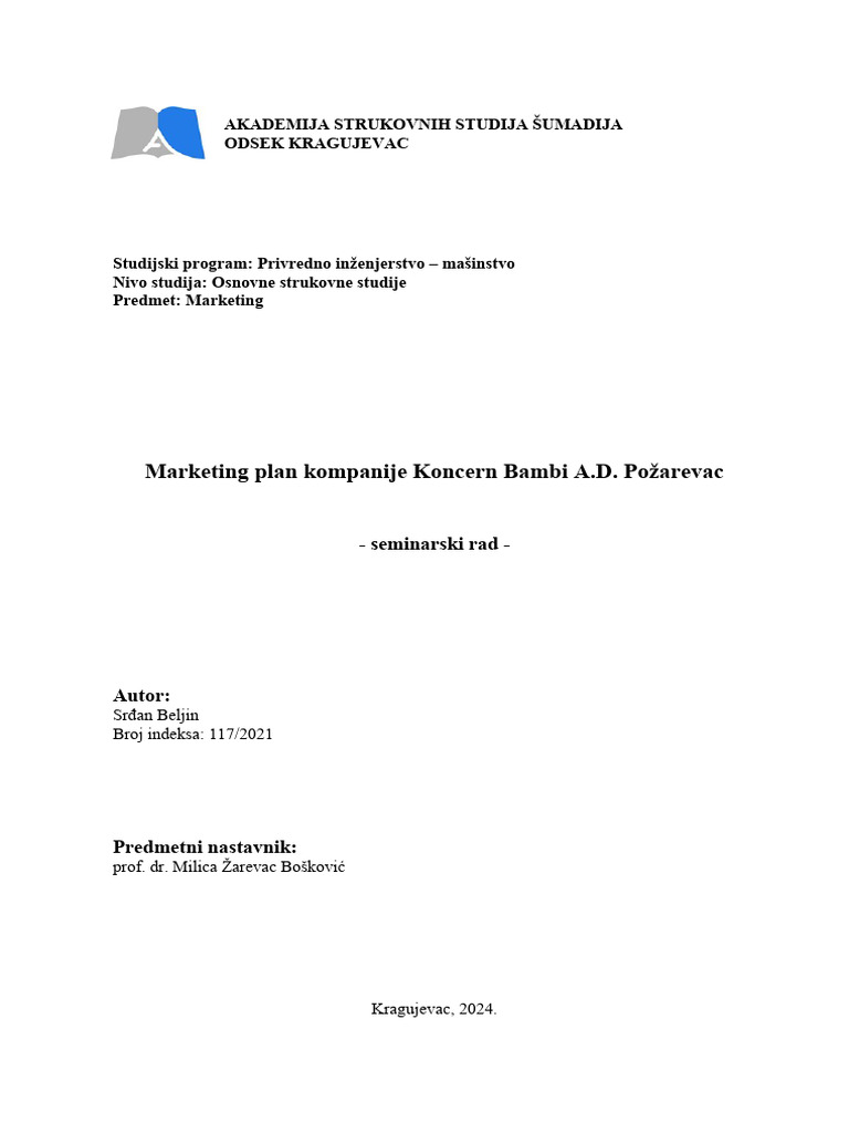 Seminarski Rad - Marketing Plan Kompanije Koncern Bambi A.D. Požarevac ...