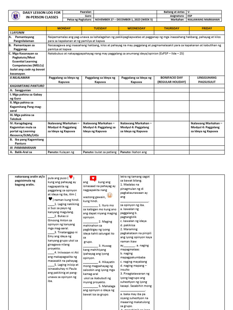 DLL ESP (MELCs) W5 | PDF
