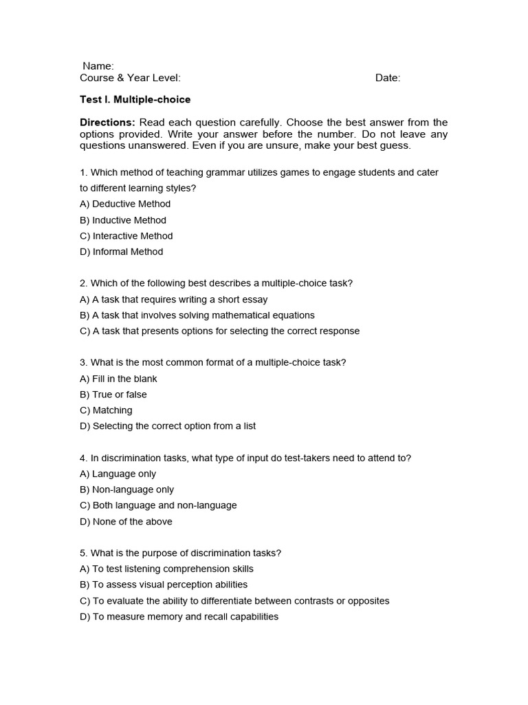Multiple Choice Grammar Test Guide Pdf Multiple Choice Learning 2588