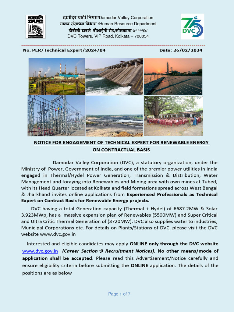 Advertisement For Engagement of Technical Expert On Contract Basis For Renewable Energy in DVC | PDF