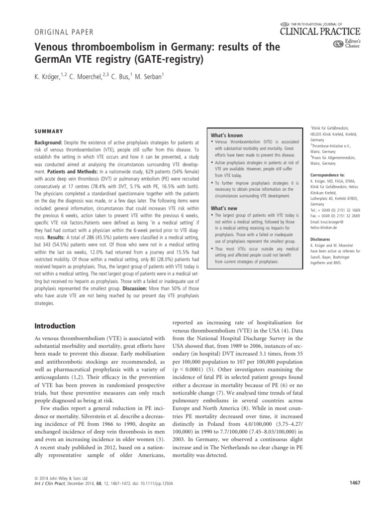 Int J Clinical Practice - 2014 - Kröger - Venous Thromboembolism in Germany Results of The ...