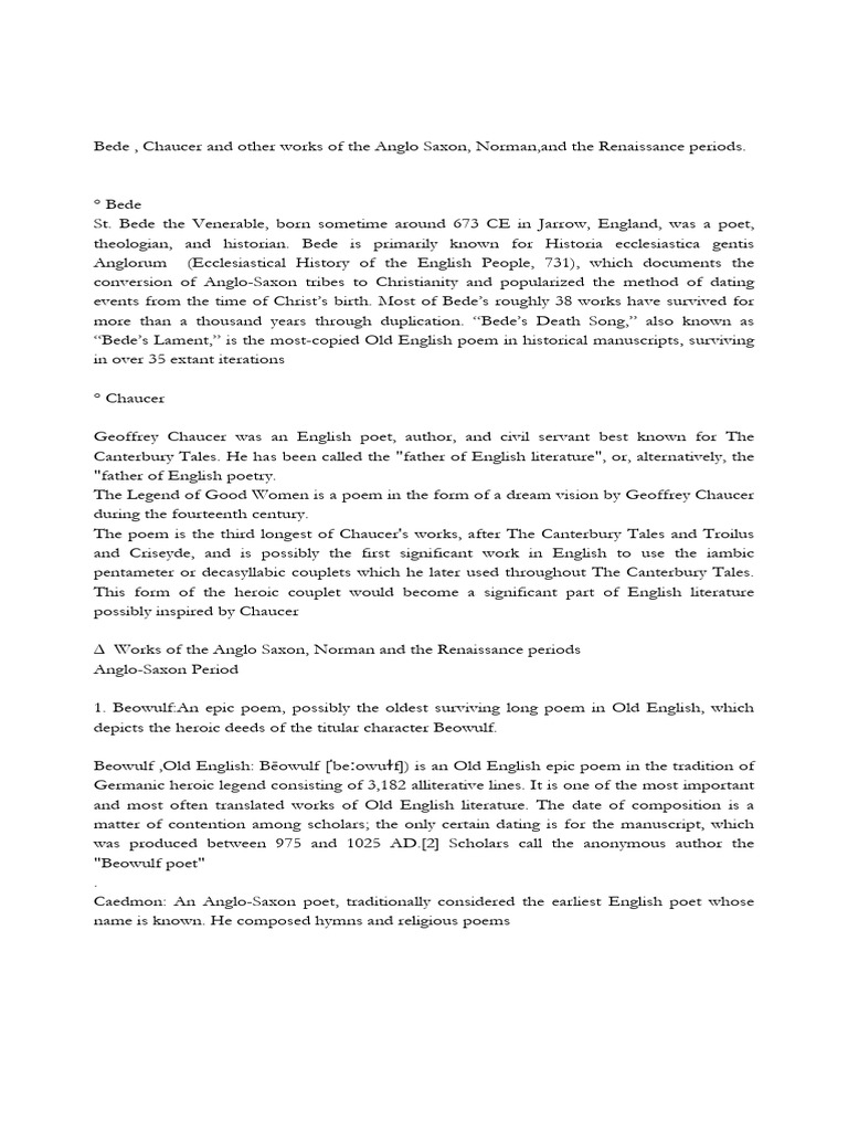 Bede, Chaucer and Other Works of The Anglo Saxon, Norman, and The ...