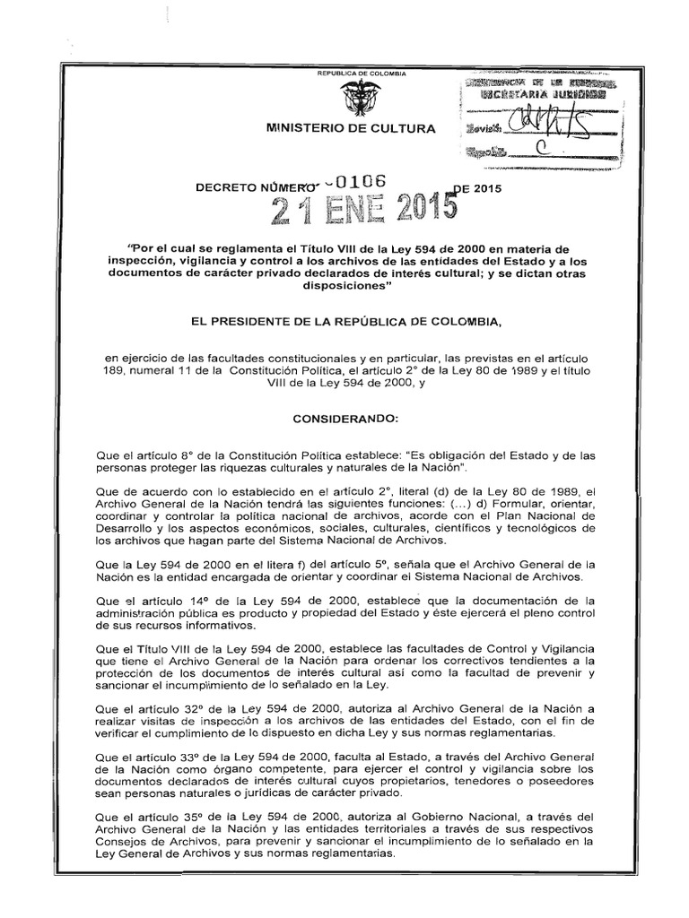 DECRETO - 0106 - DE - 2015 Insp Vigi y Control Archivos Entidades Del ...