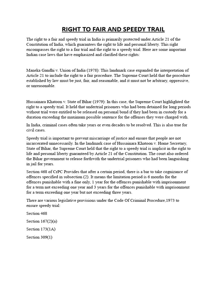 Right to Fair and Speedy Trial in India | PDF