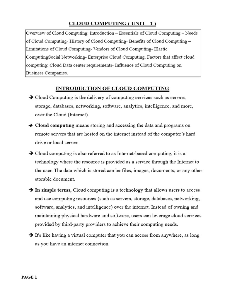 Unit 1 Cloud | PDF | Cloud Computing | Client–Server Model