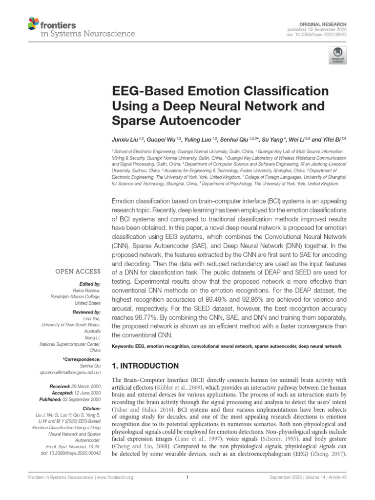 Eeg Based Emotion Classification Using A Deep Neural Network And Sparse Autoencoder Pdf Deep