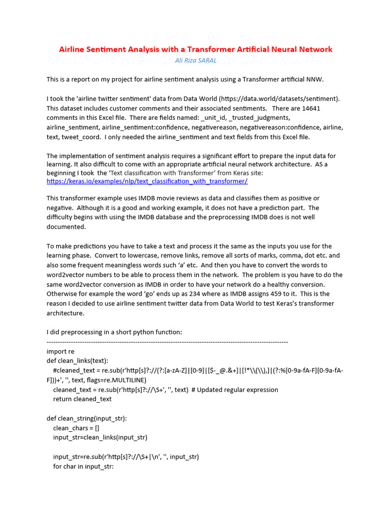 2023 Aug Airline Sentiment Analysis With A Transformer Artificial Neural Network | Download Free ...
