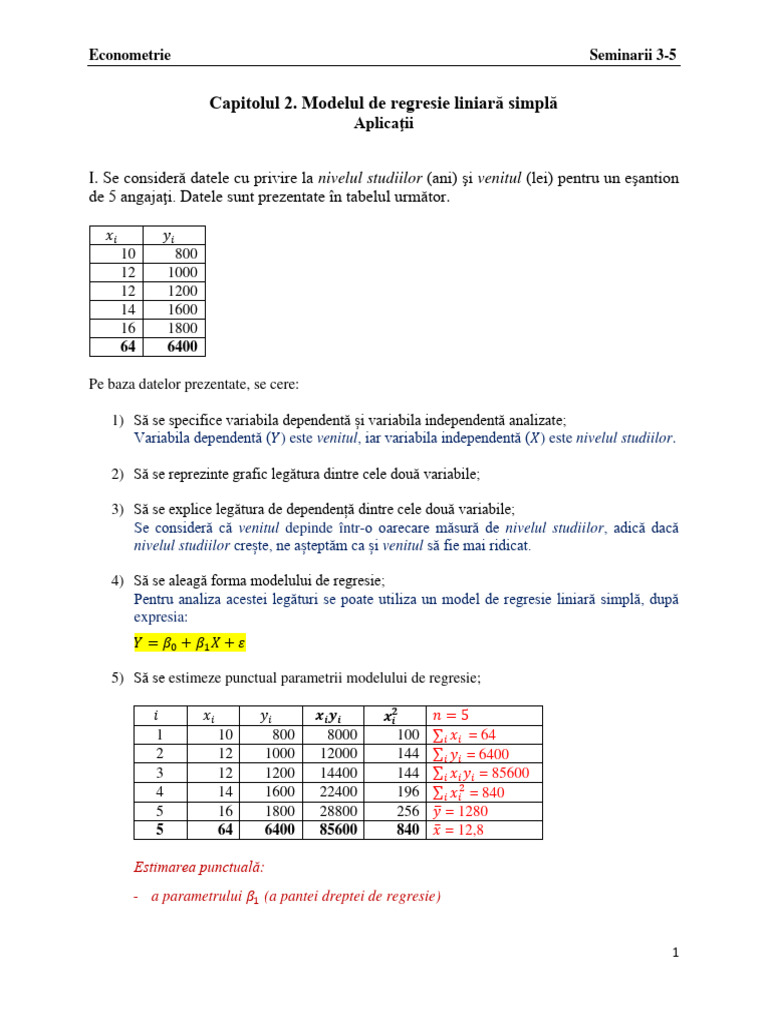 Capitolul 2. Modelul de Regresie Liniara Simpla Aplicatii Seminar Rezolvate 1 | PDF