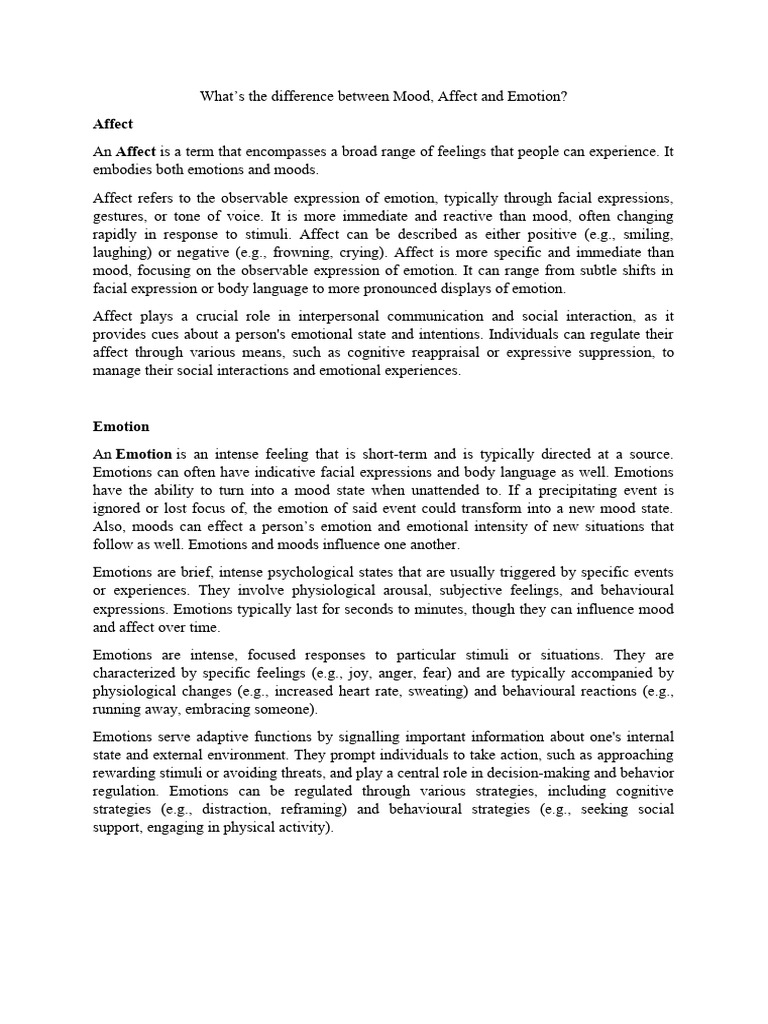 Difference Between Affect. Emotions and Mood | PDF | Emotions | Affect ...